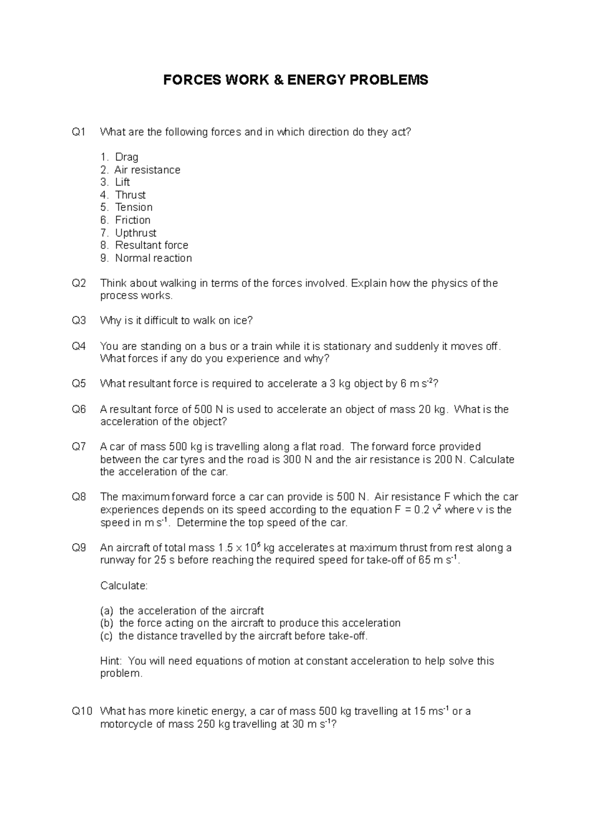 Unit 8 - Force Work Energy Questions and Answers - FORCES WORK & ENERGY ...