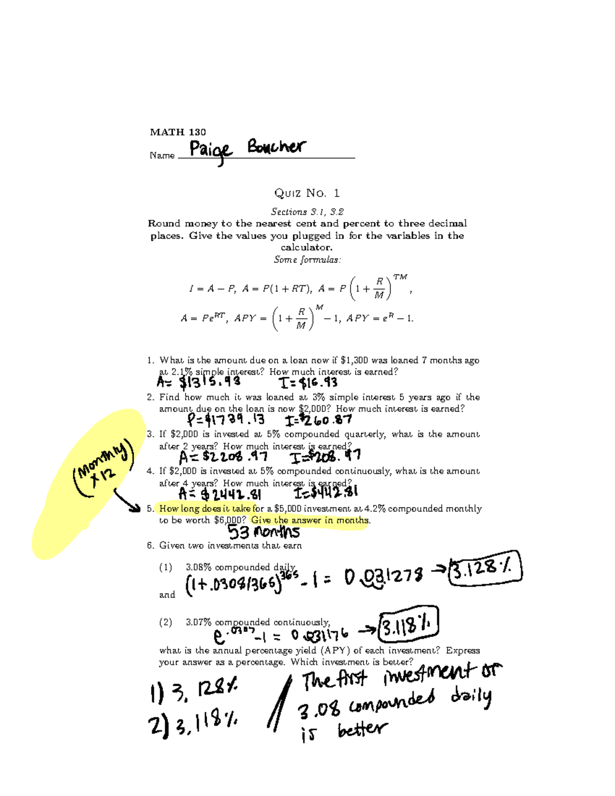 Practice Quiz 3 - MATH 130 Name Quiz No. 1 Sections 3, 3. Round money ...