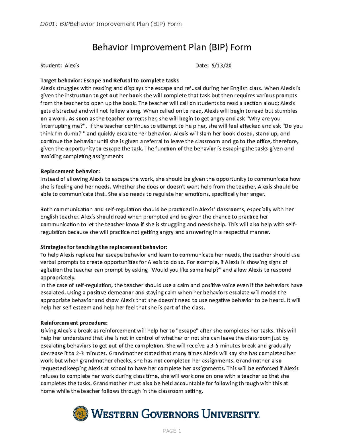 Behavior Improvement Plan (BIP) Task 2 - D001: BIP Behavior Improvement ...