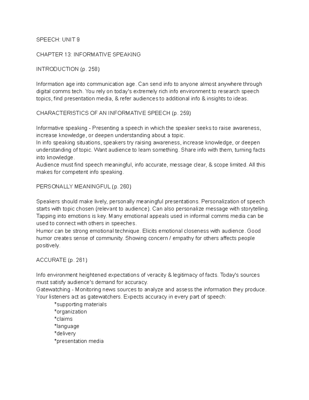 Speech Unit 9 Readings - SPEECH: UNIT 9 CHAPTER 13: INFORMATIVE ...