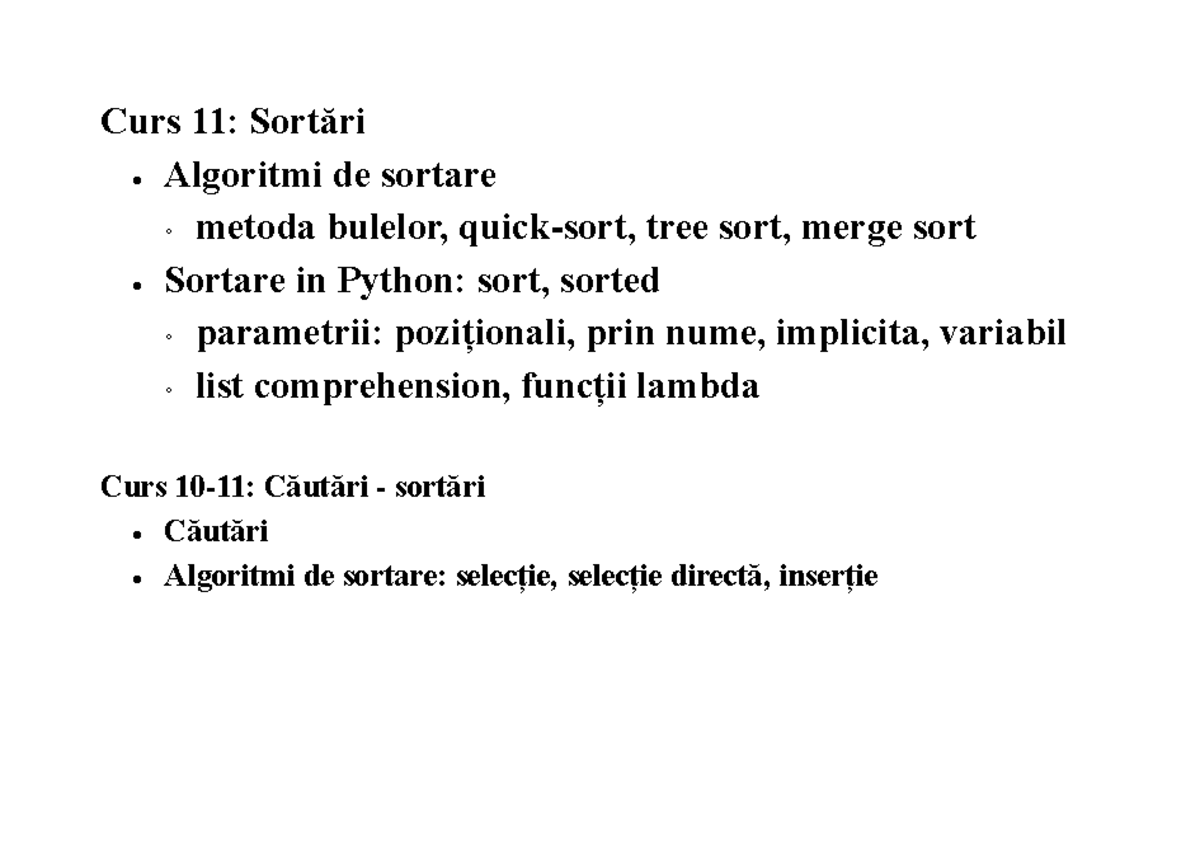 Curs11 FProgamarii - Curs 11: Sortări Algoritmi de sortare metoda ...