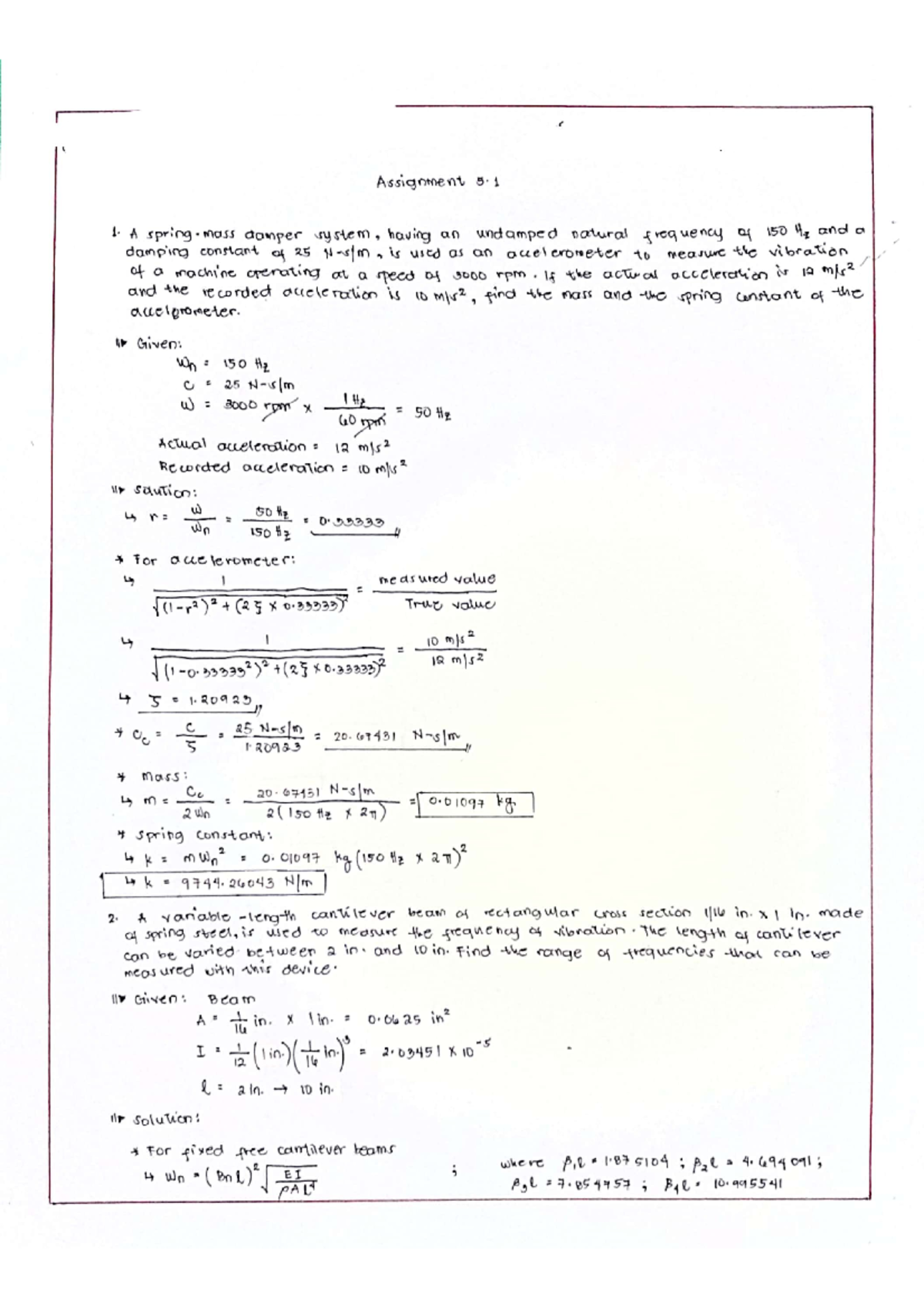 Vibration As5 - Problem Solving - Mechanical Engineering - NVSU - Studocu