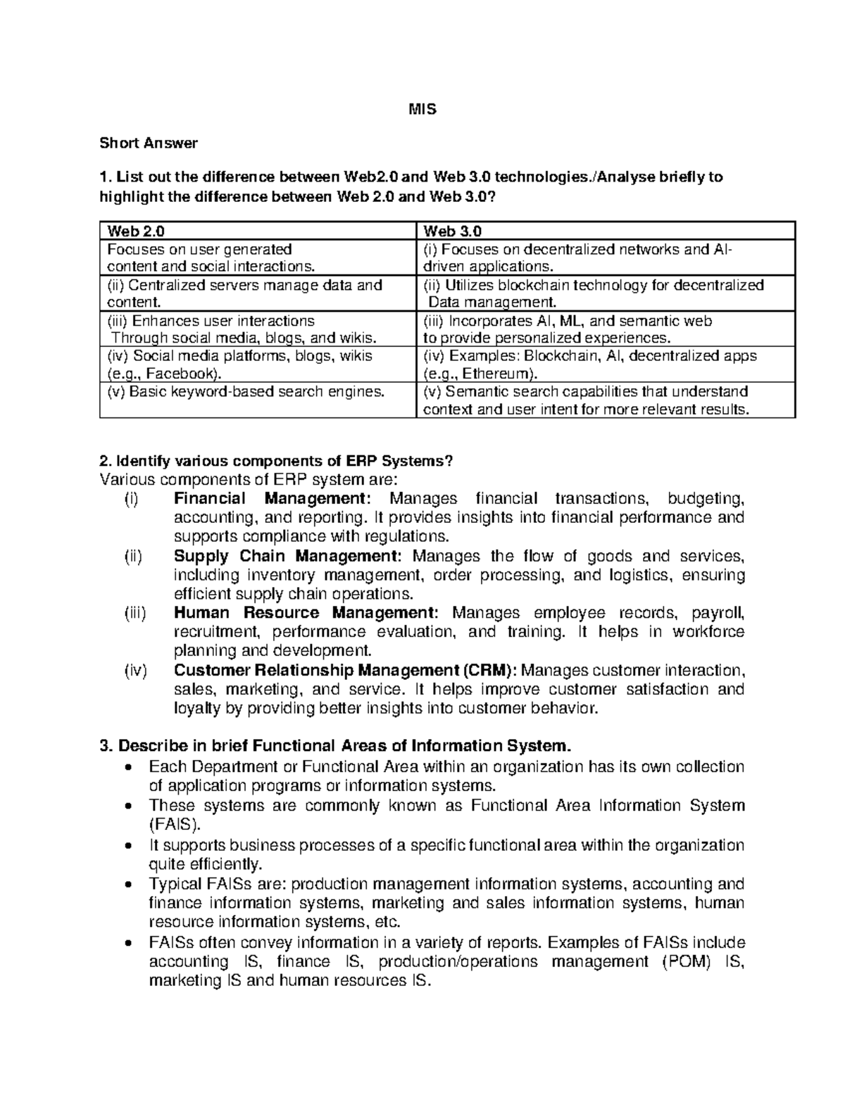 MIS Question bank - MIS Short Answer 1. List out the difference between ...