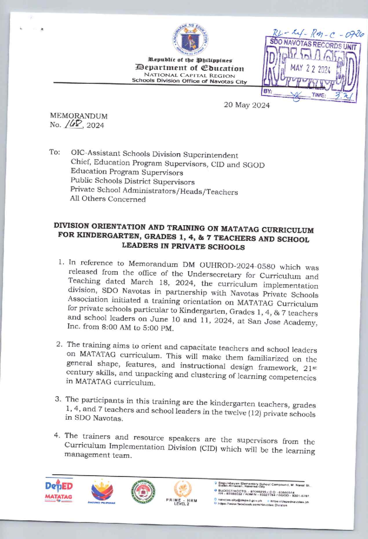 Private school matatag training - NG G C Rm C 0726 SDO NAVOTAS RECORDS ...