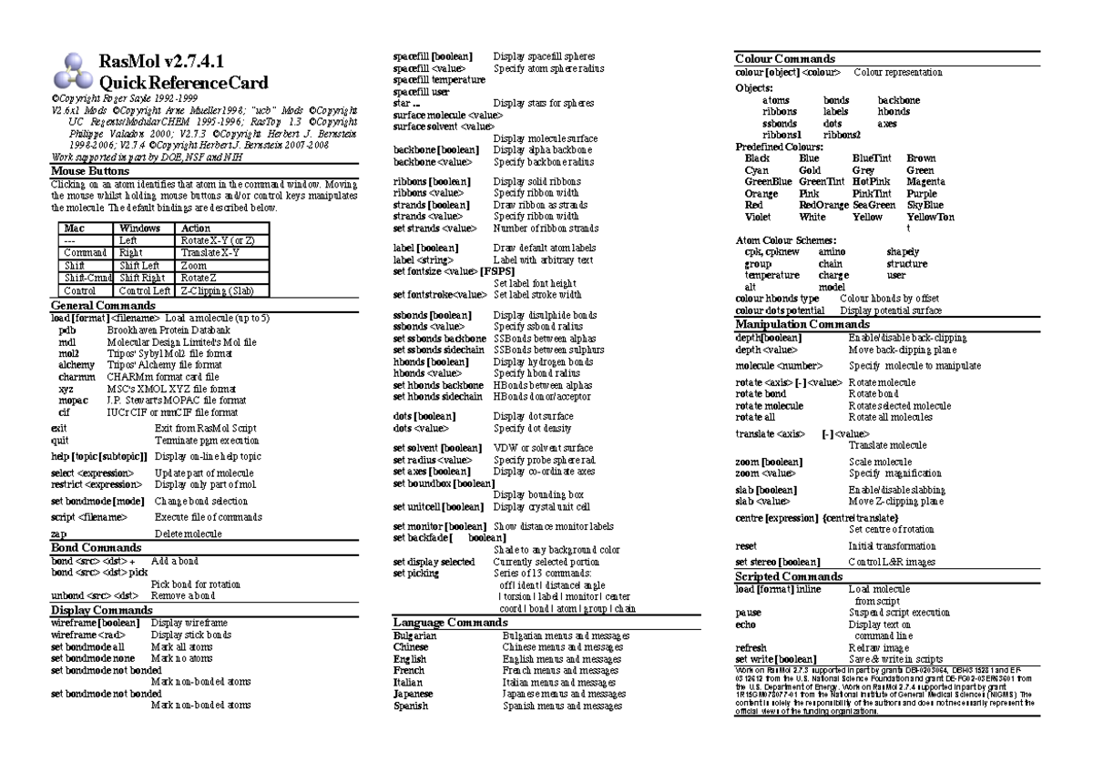 Manual rasmol - RasMol v2.7. Quick Reference Card ©Copyright Roger ...