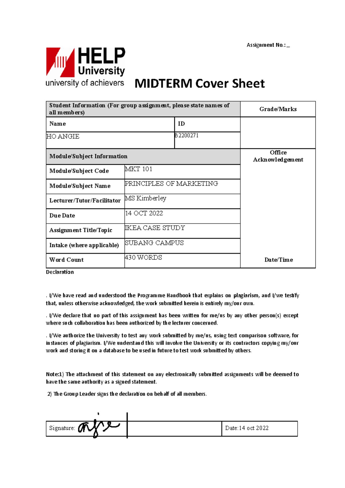 Mkt midterm - jsabdj asjkdhasjkdh - Assignment No.: MIDTERM Cover Sheet ...
