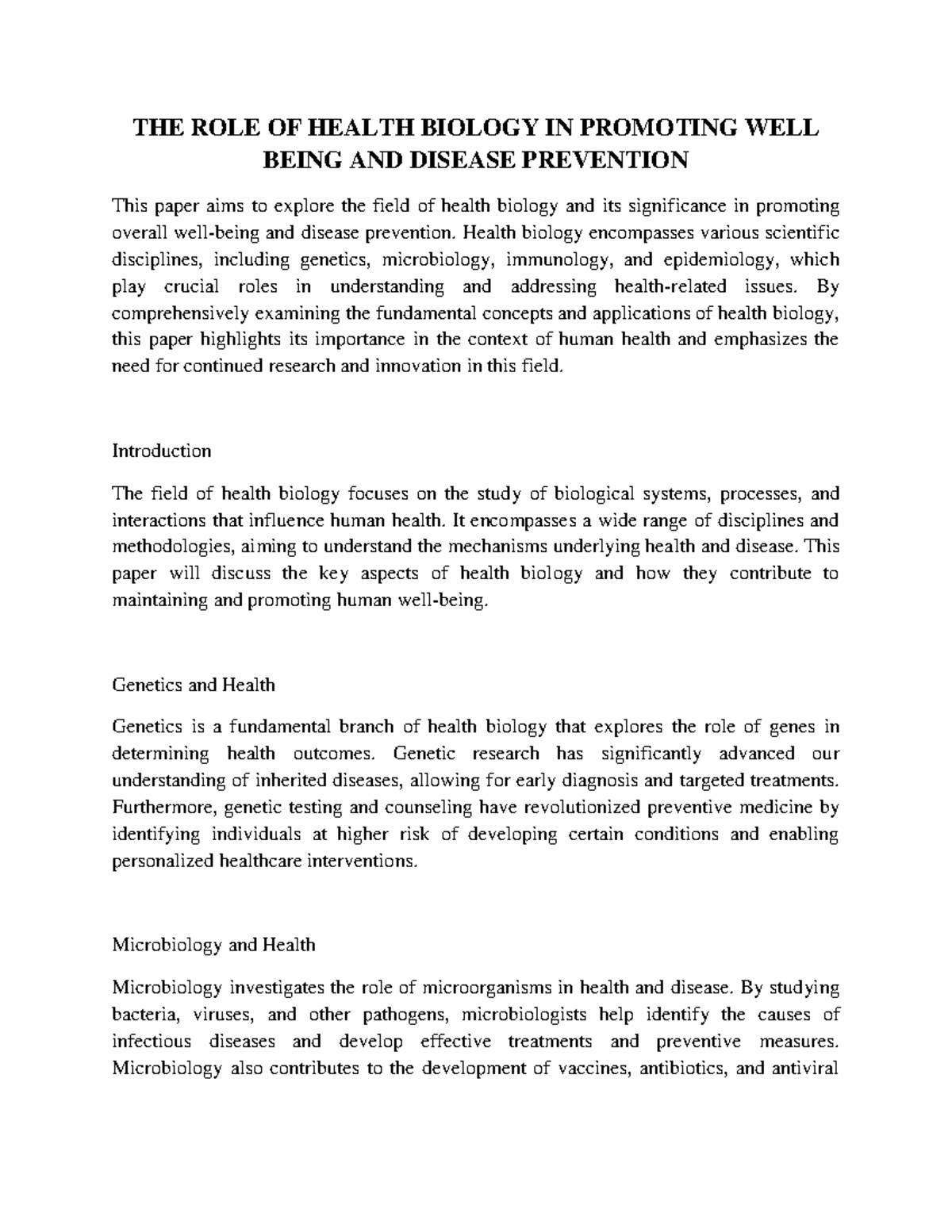 THE ROLE OF Health Biology IN Promoting WELL Being AND Disease ...