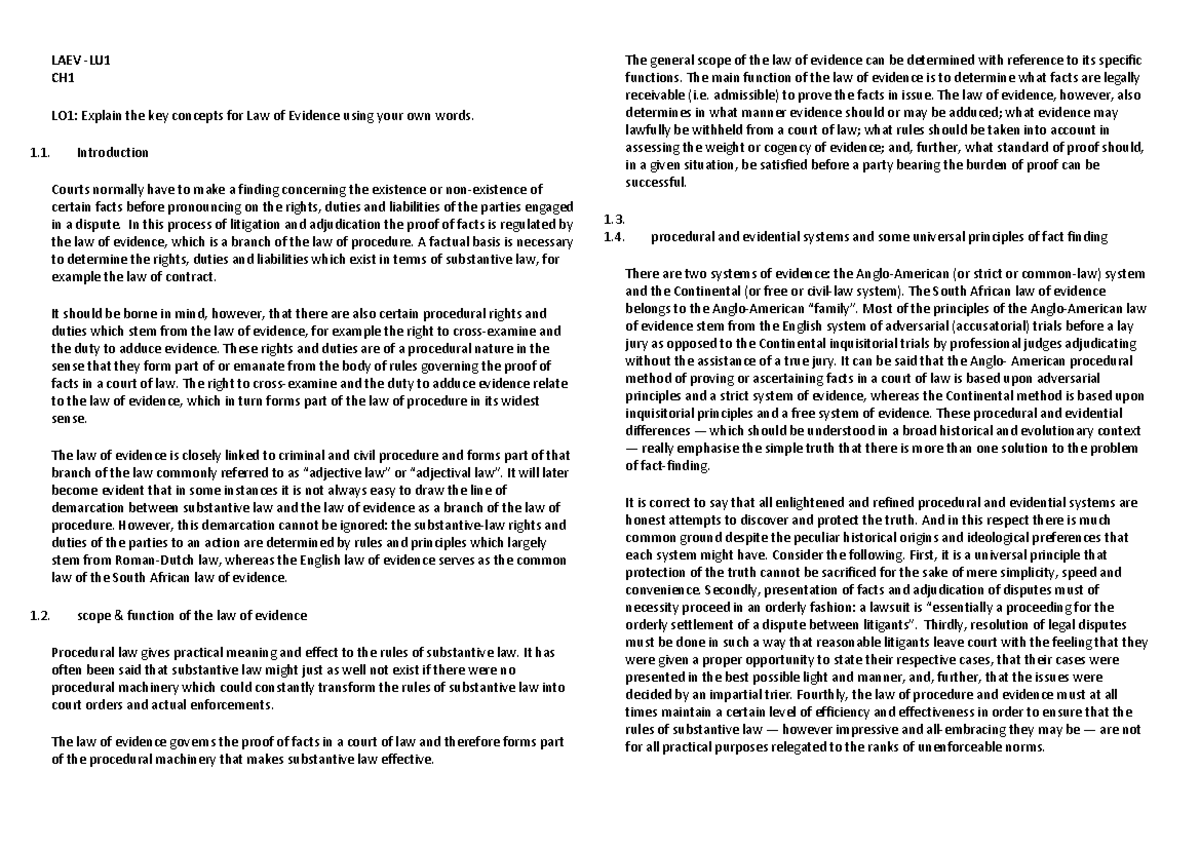 LAEV Notes LU1-2 - Summary law of evidence - LAEV - LU CH LO1: Explain ...
