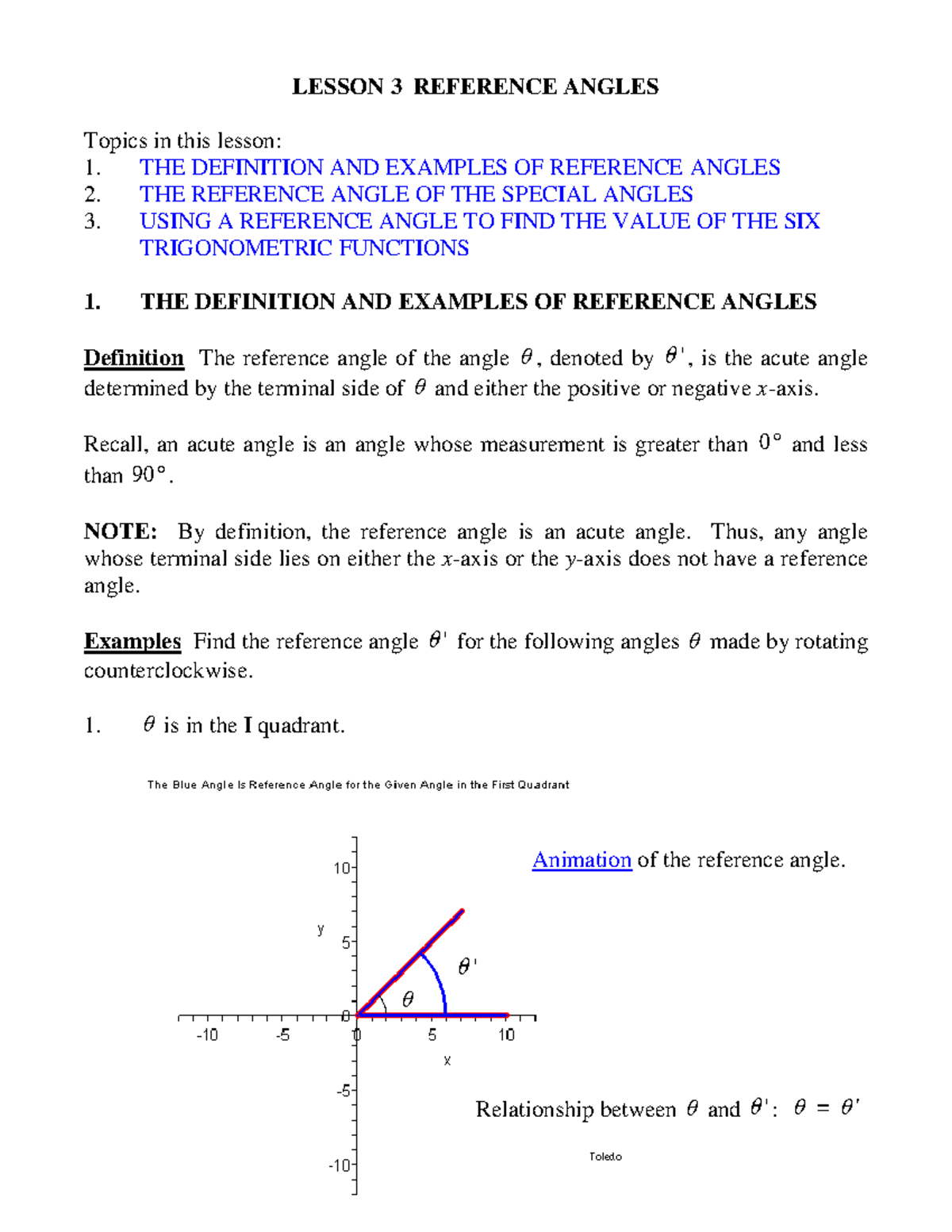 Lesson 3 - Notes from class - LESSON 3 REFERENCE ANGLES Topics in this ...