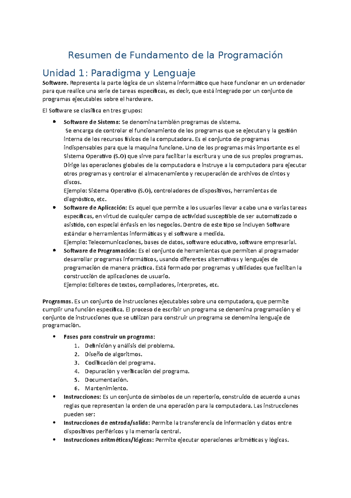 Fundamento de la Programación - Resumen de Fundamento de la Programación Unidad 1: Paradigma y ...