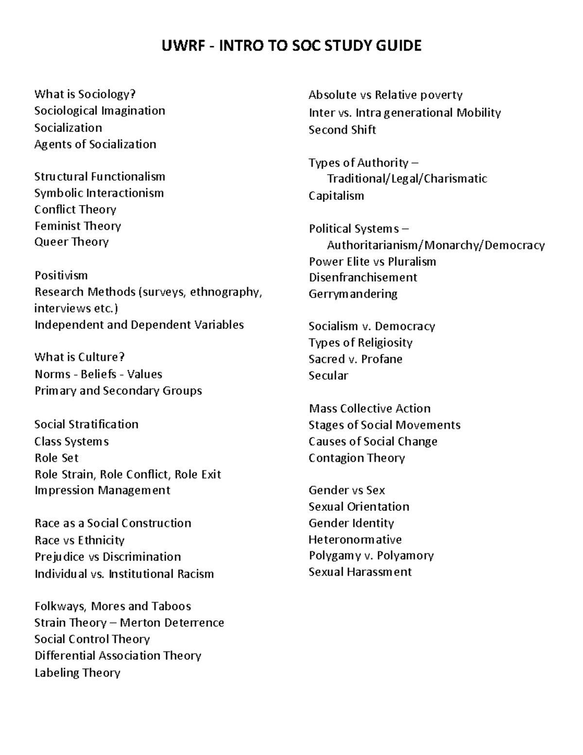 Intro TO SOC Study Guide - UWRF - UWRF - INTRO TO SOC STUDY GUIDE What ...