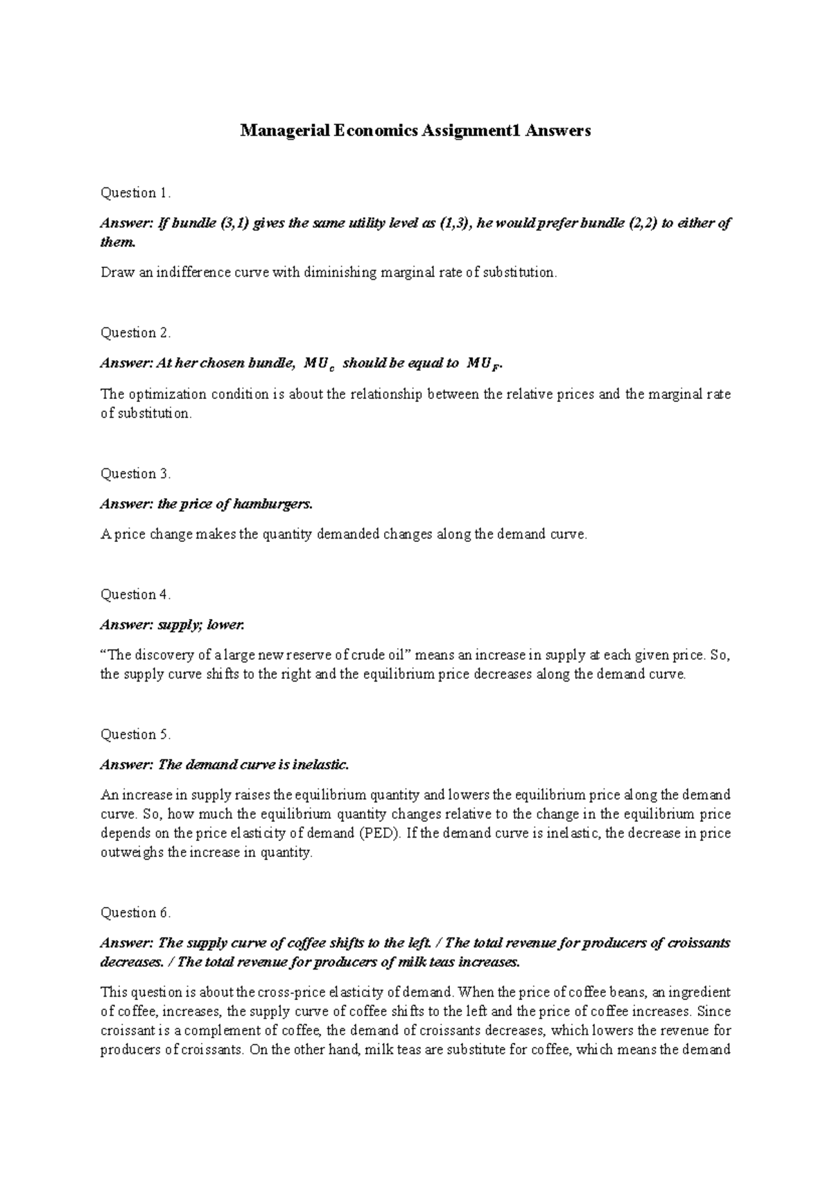 Assignment 1 Solution - Managerial Economics Assignment1 Answers Question 1. Answer: If bundle ...