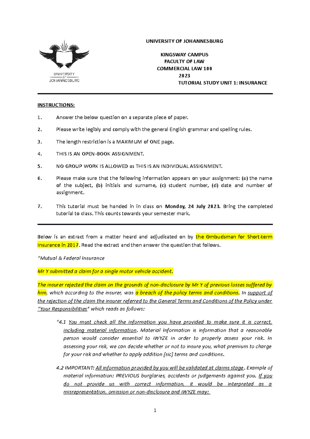 Study unit 1 Tutorial 2023 - Insurance - UNIVERSITY OF JOHANNESBURG ...