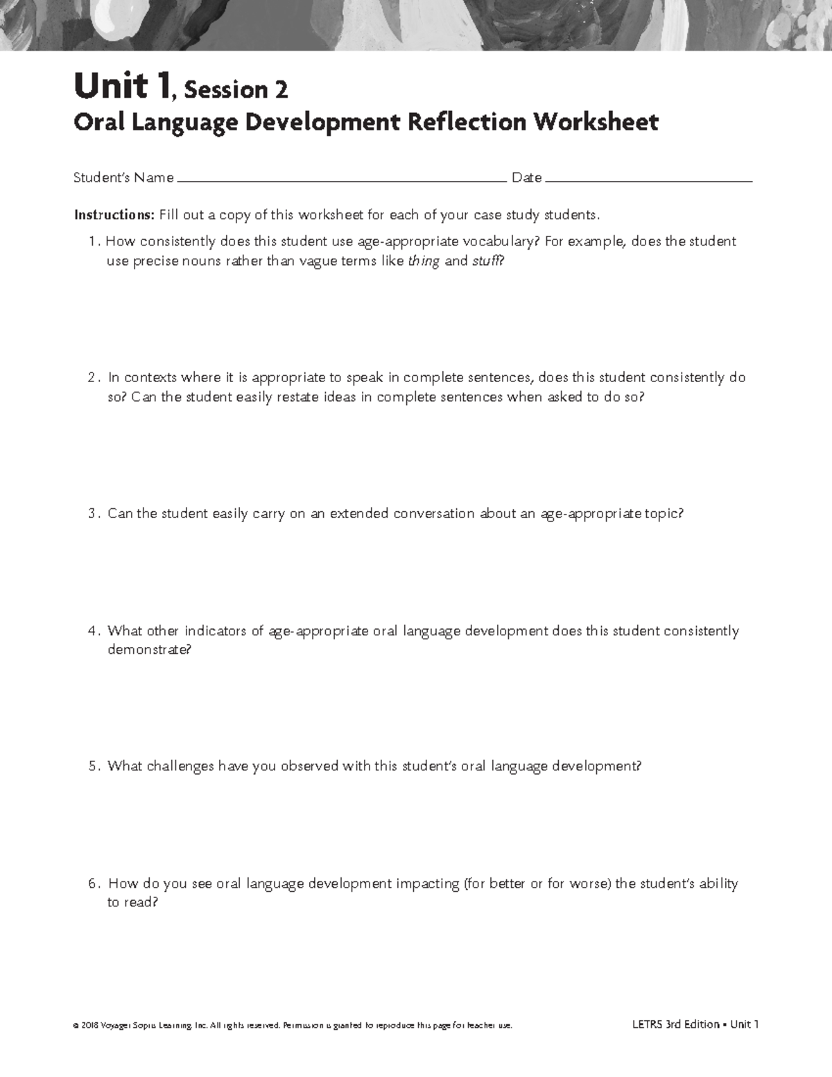 Oral Language Development Reflection Worksheet - © 2018 Voyager Sopris ...