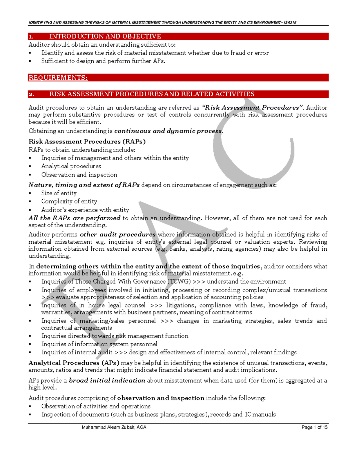 Audit -ISA 315 Class nOtes - 1. INTRODUCTION AND OBJECTIVE Auditor ...