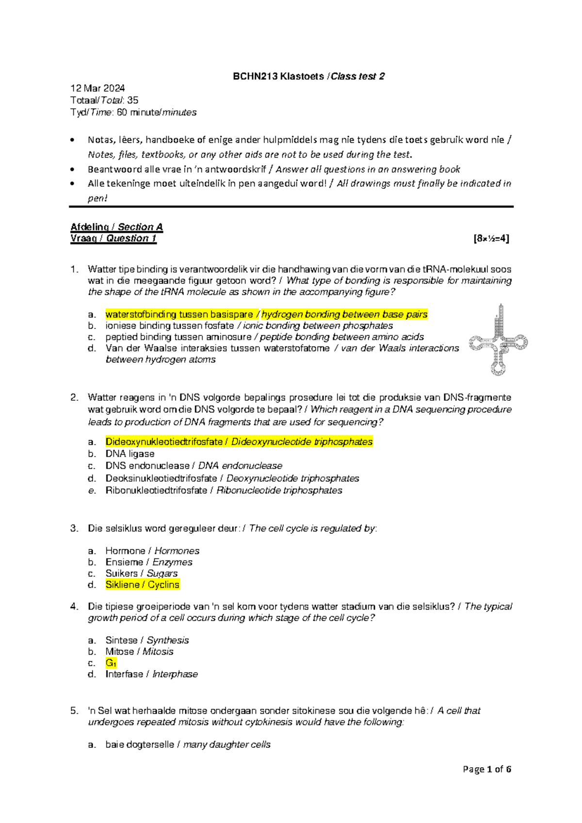 BCHN 213 2024 T2 memo - ... - BCHN213 Klastoets /Class test 2 12 Mar ...