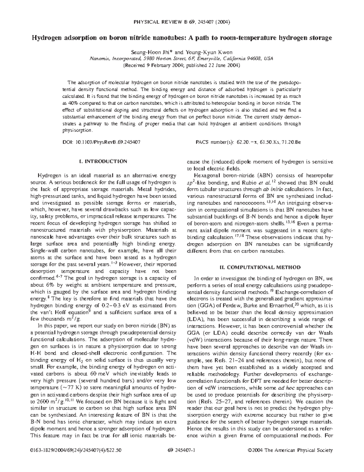 Hydrogen adsorption on boron nitride nanotubes - The binding energy and ...