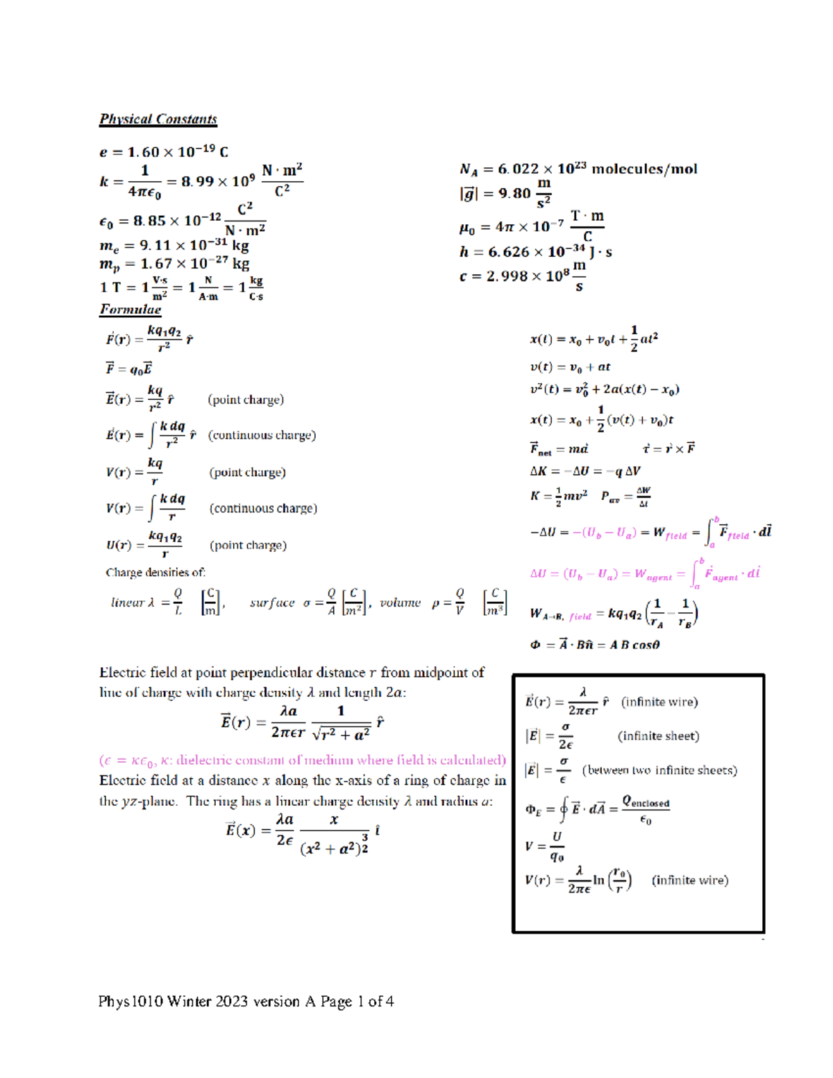 Exam formula sheet phys1010 winter 23 - RL Circuits 𝜏 = 𝐿 𝑅 charging 𝑖 ...