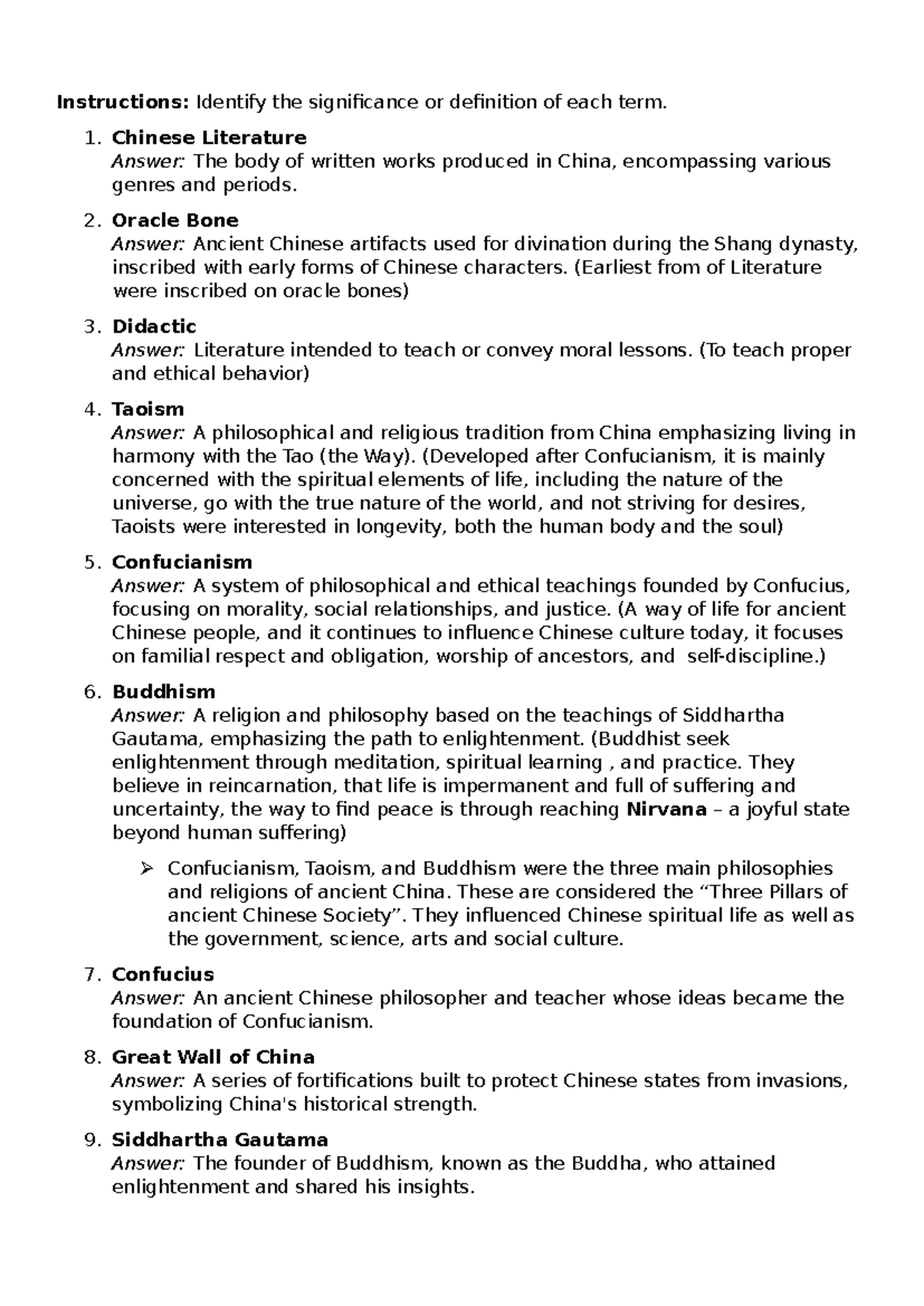 Chinese Literature - Instructions: Identify the significance or ...