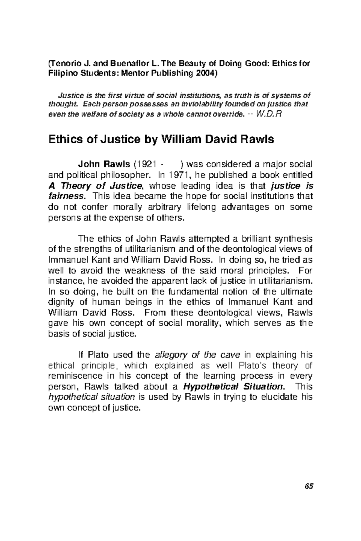 Ethics of Justice by William David Rawls - 65 (Tenorio J. and Buenaflor ...