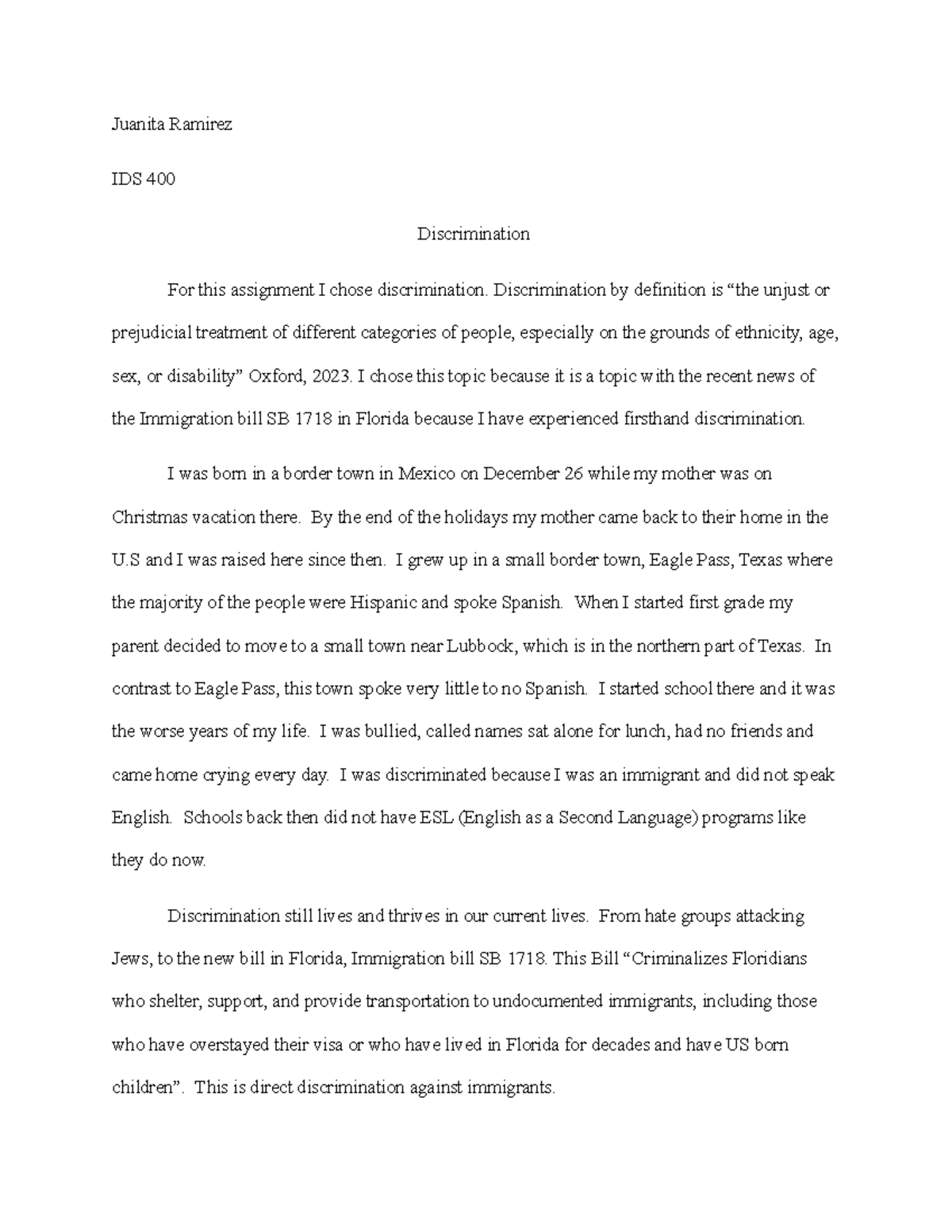 IDS 400 Module 1 Assignment - Juanita Ramirez IDS 400 Discrimination ...