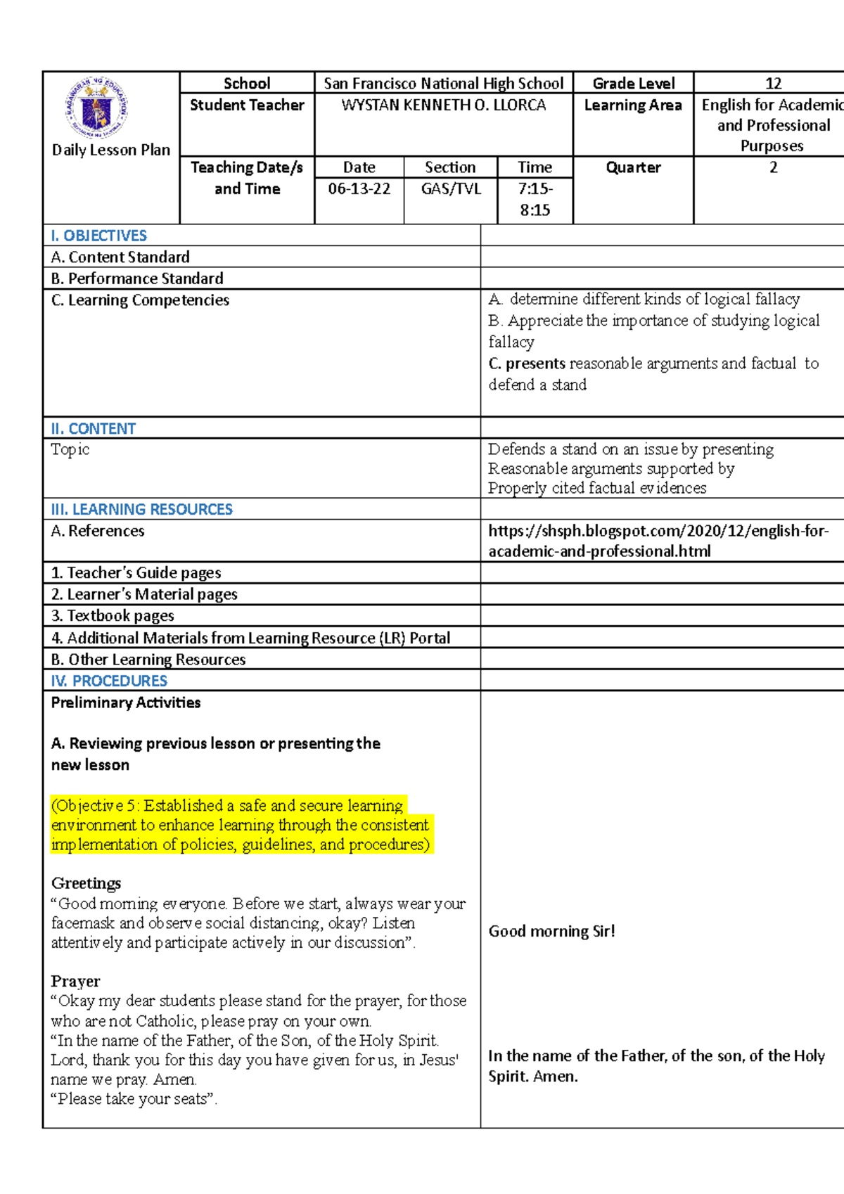DLP#3 - Lesson Plan - Daily Lesson Plan School San Francisco National ...