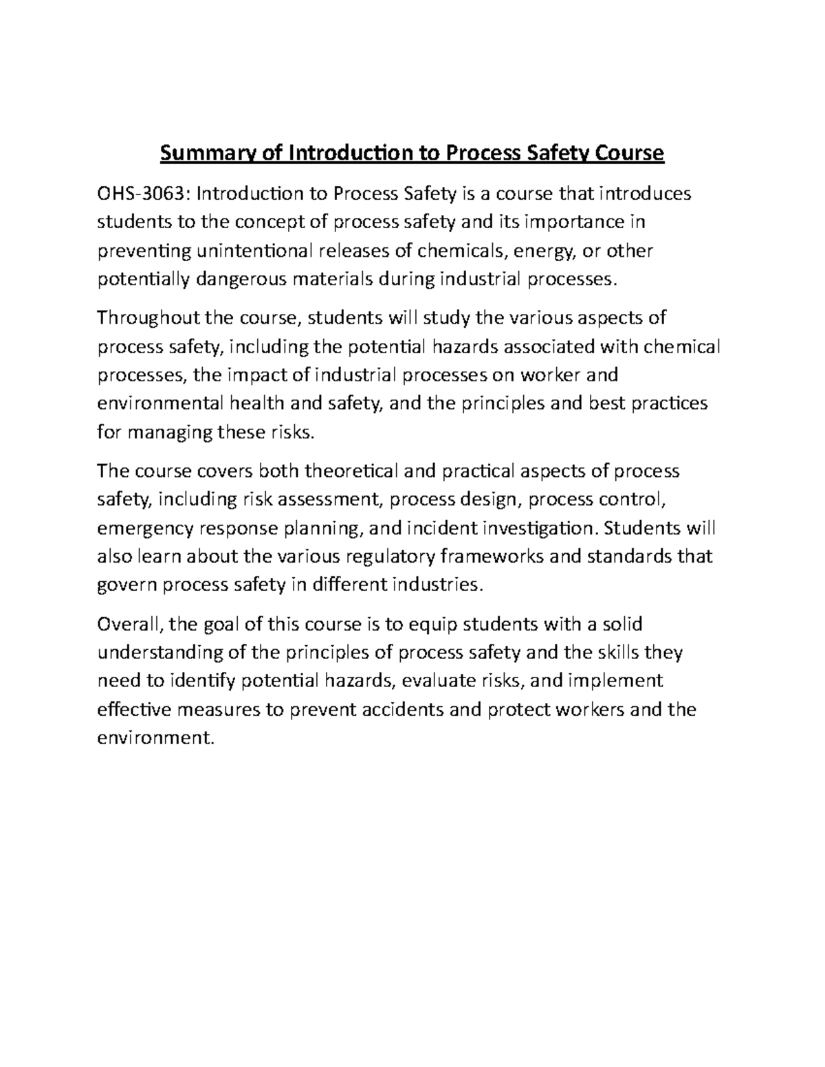 Introduction to Process Safety - Throughout the course, students will ...