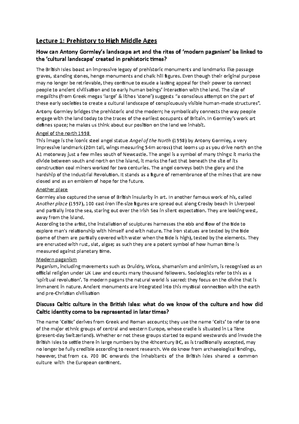 Lecture 1-5 UK exam questions - Lecture 1: Prehistory to High Middle ...