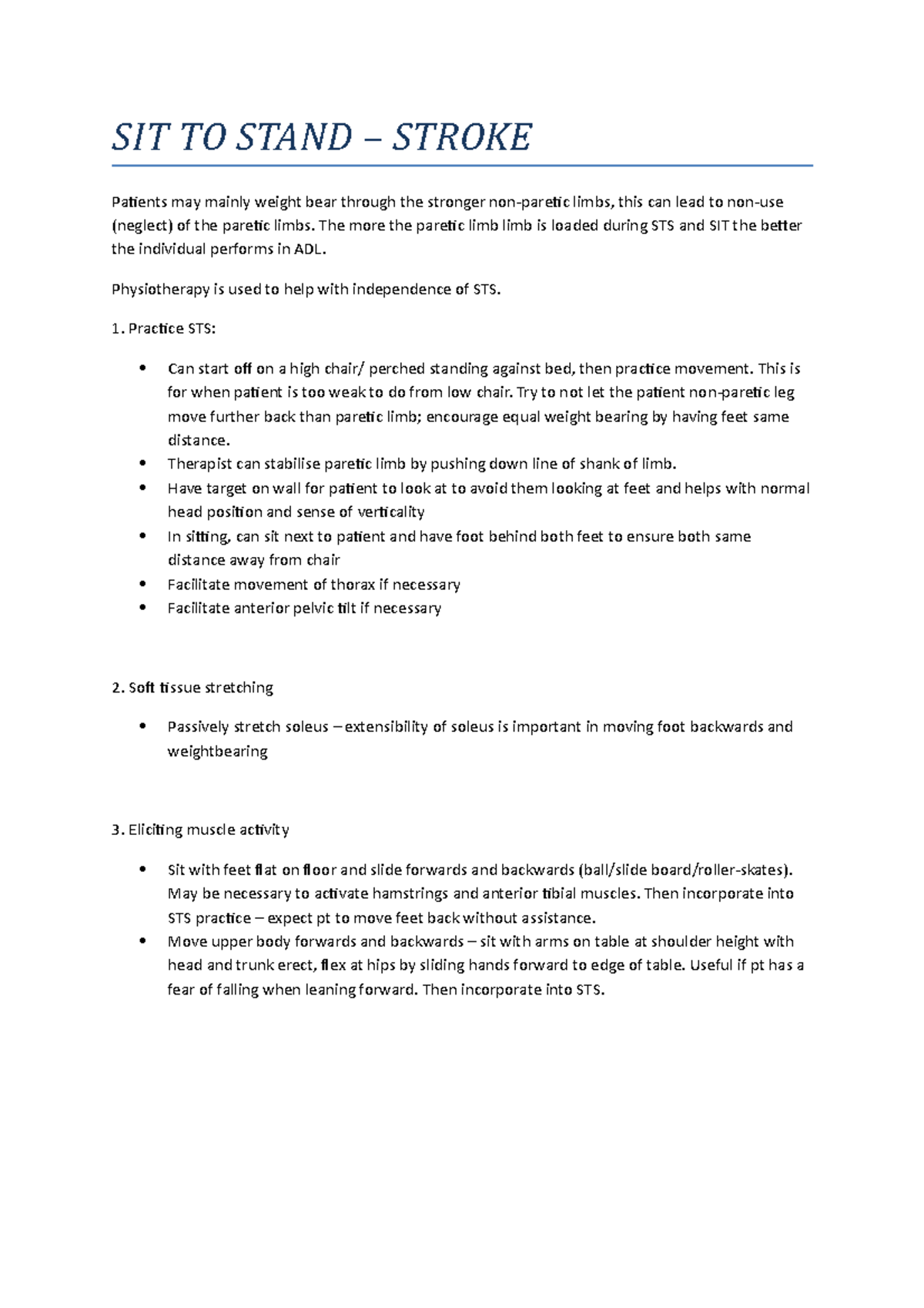 Lecture Notes, Sit to Stand - Stroke - SIT TO STAND – STROKE Patients ...