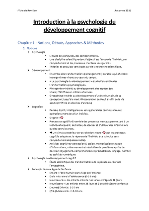 QCM Dev Cognitif par moi - QCM Dev Cognitif – Chapitre 1,2,3,5,7, Donner la définition de la ...