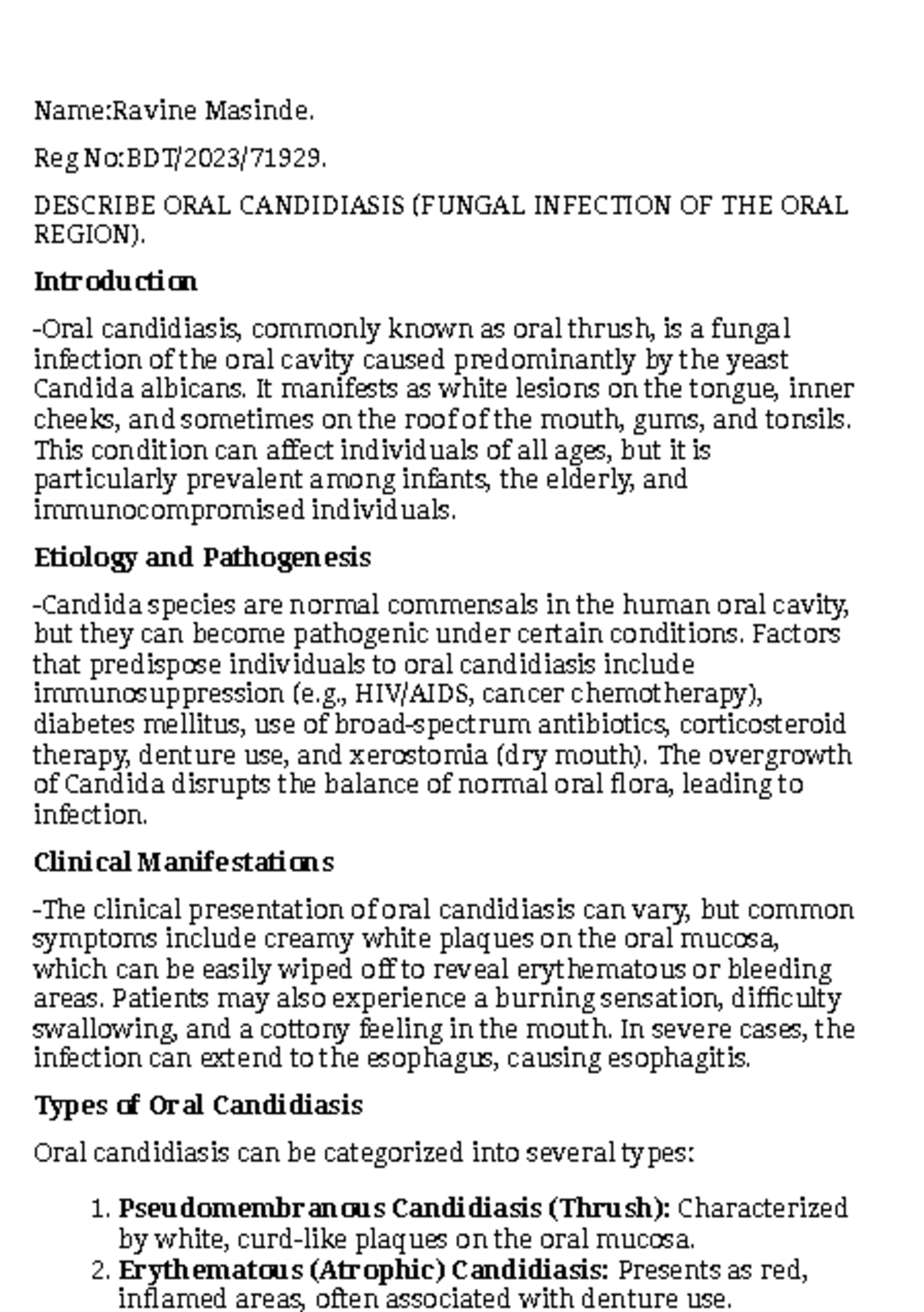 ORAL Candidiasis - Summary Anatomía dental - Name:Ravine Masinde. Reg ...