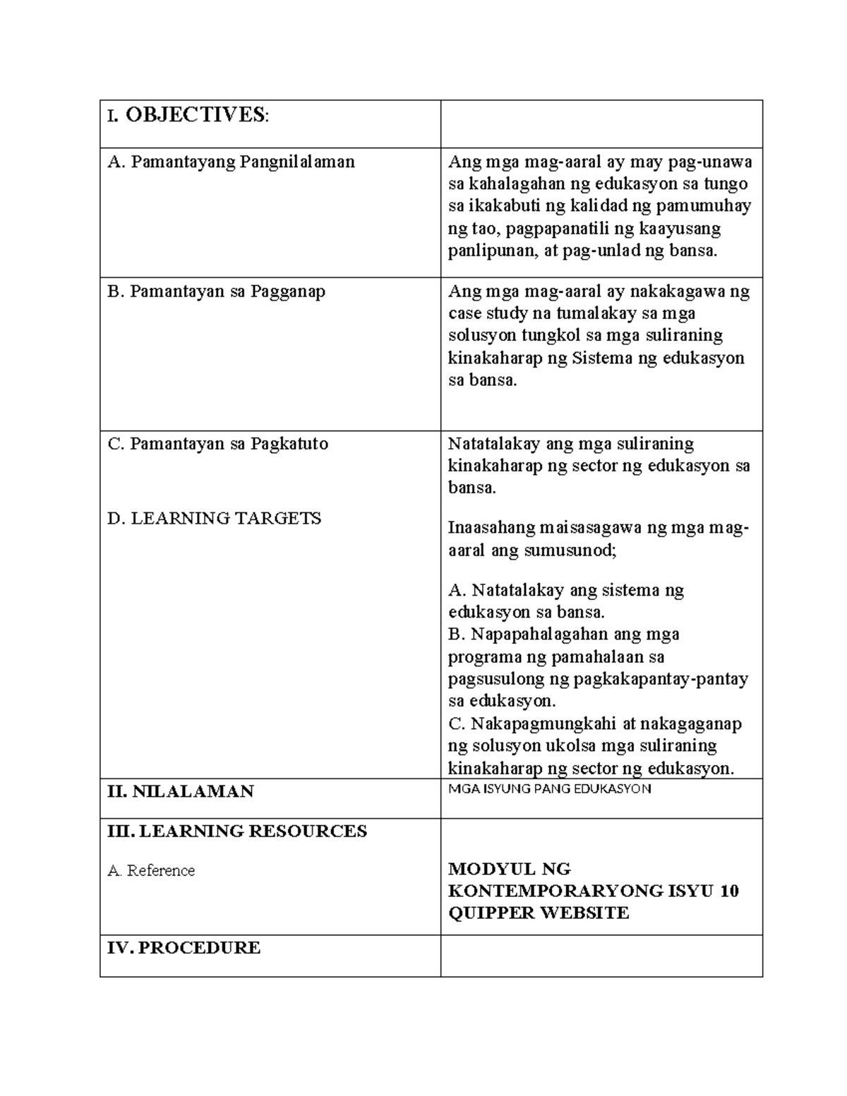 Edukasyon sa pilipinas - I. OBJECTIVES: A. Pamantayang Pangnilalaman ...