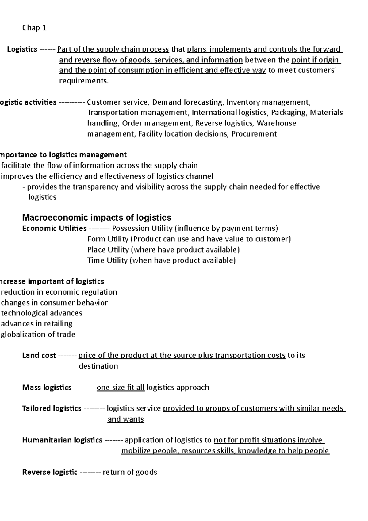 Logistic test note - notes - Chap 1 Logistics - Part of the supply ...