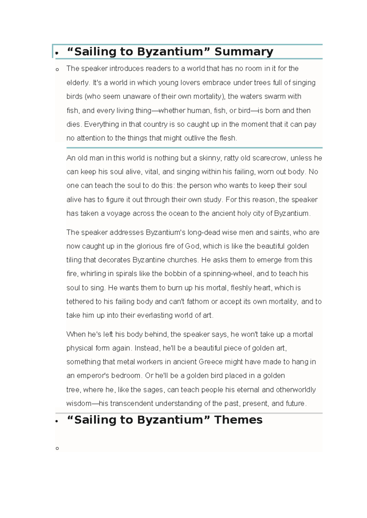 Sailing to Byzantium summary and themes - “Sailing to Byzantium ...