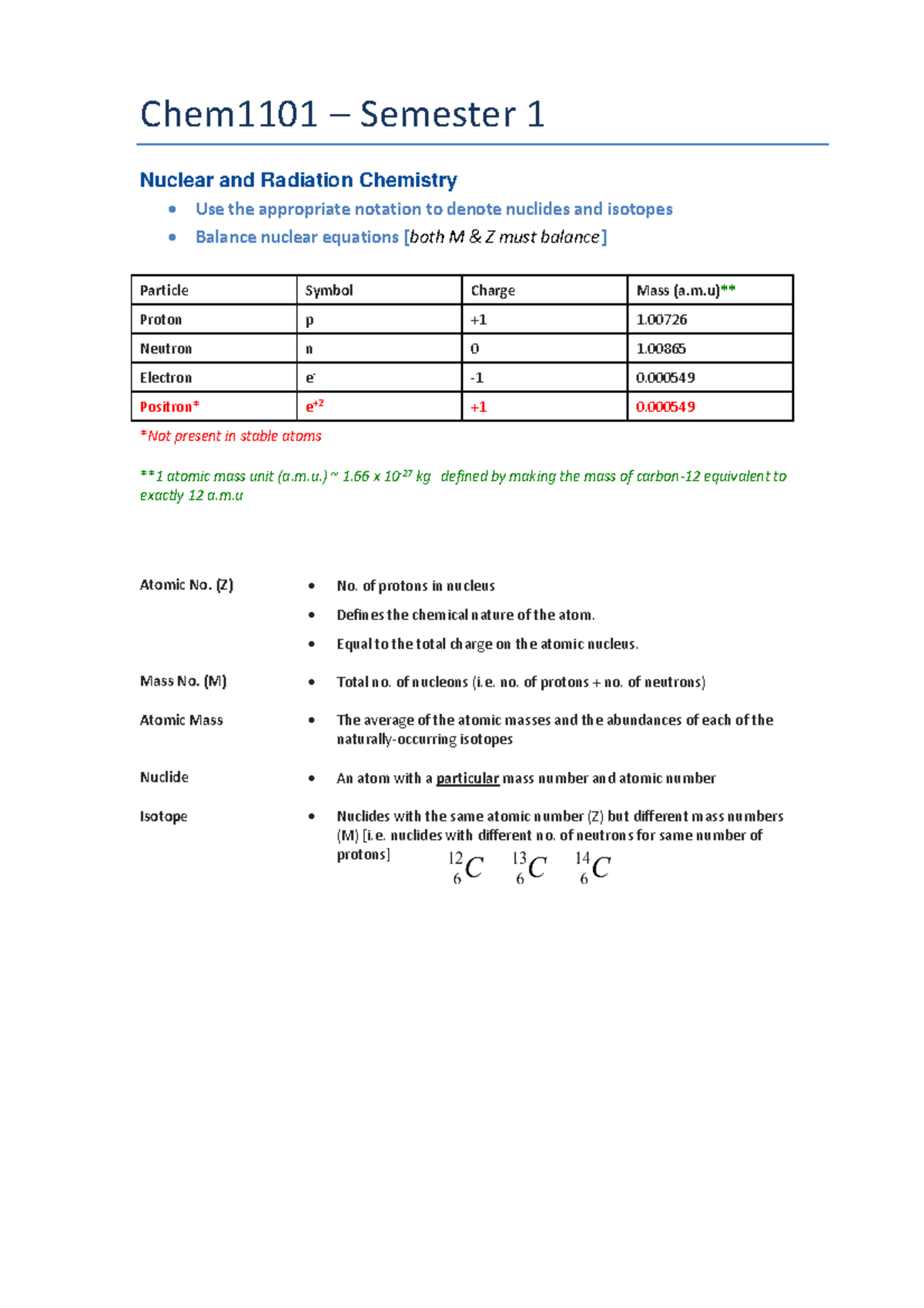 Summary - all lectures - Chem1101 – Semester 1 Nuclear and Radiation ...
