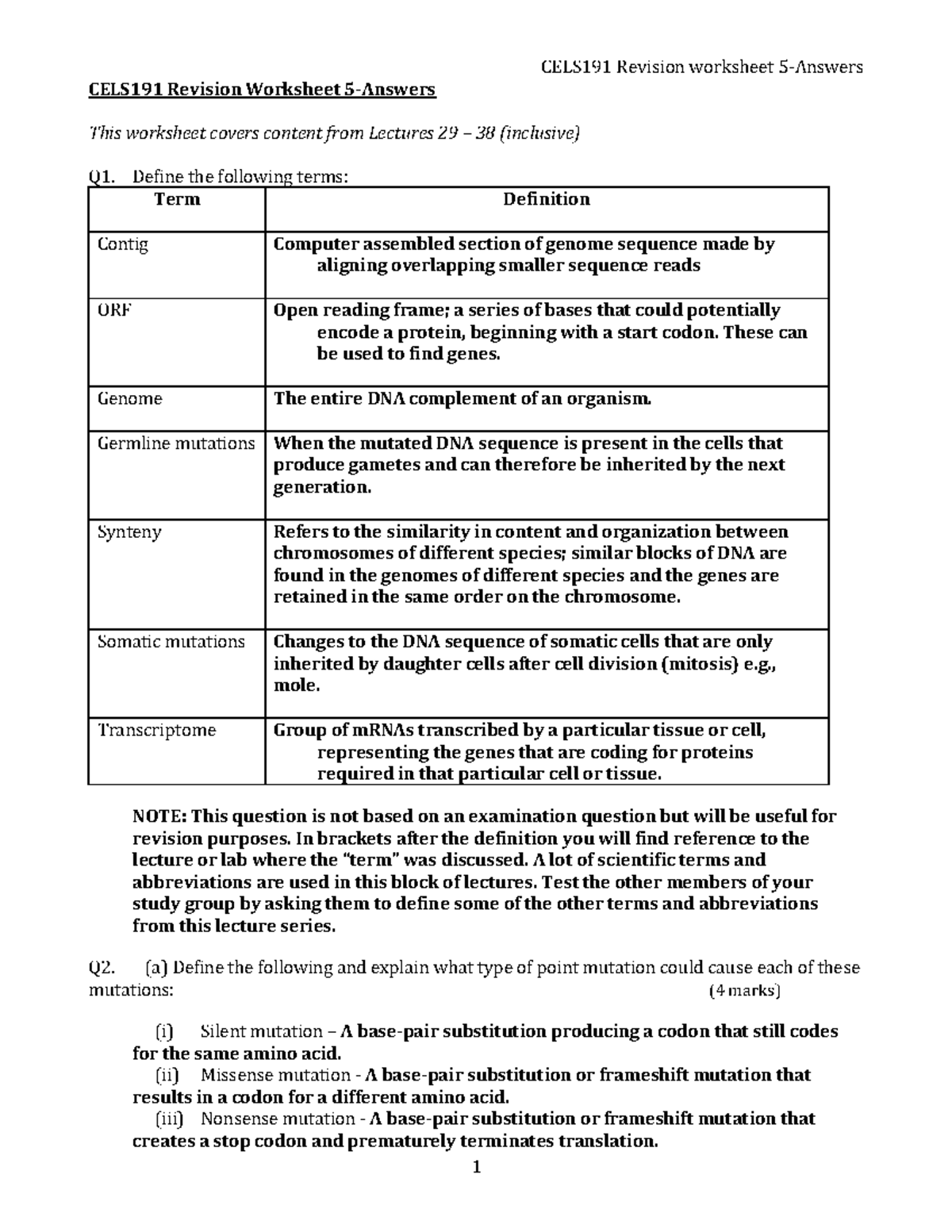 CELS191 Revision Worksheet 5 Answers 2017 - CELS191 Revision Worksheet ...