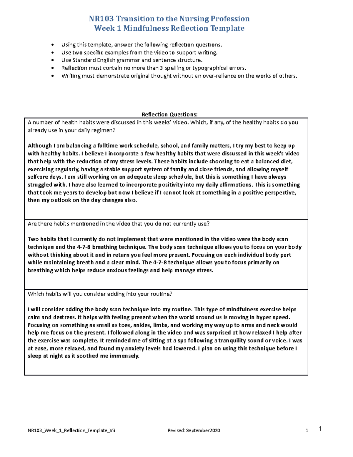 NR103 Week1 Reflection - NR103 Transition to the Nursing Profession ...