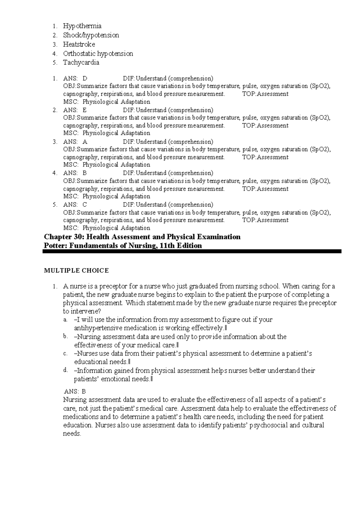 Chapter 30 Health Assessment And Physical Examination - 1. Hypothermia ...