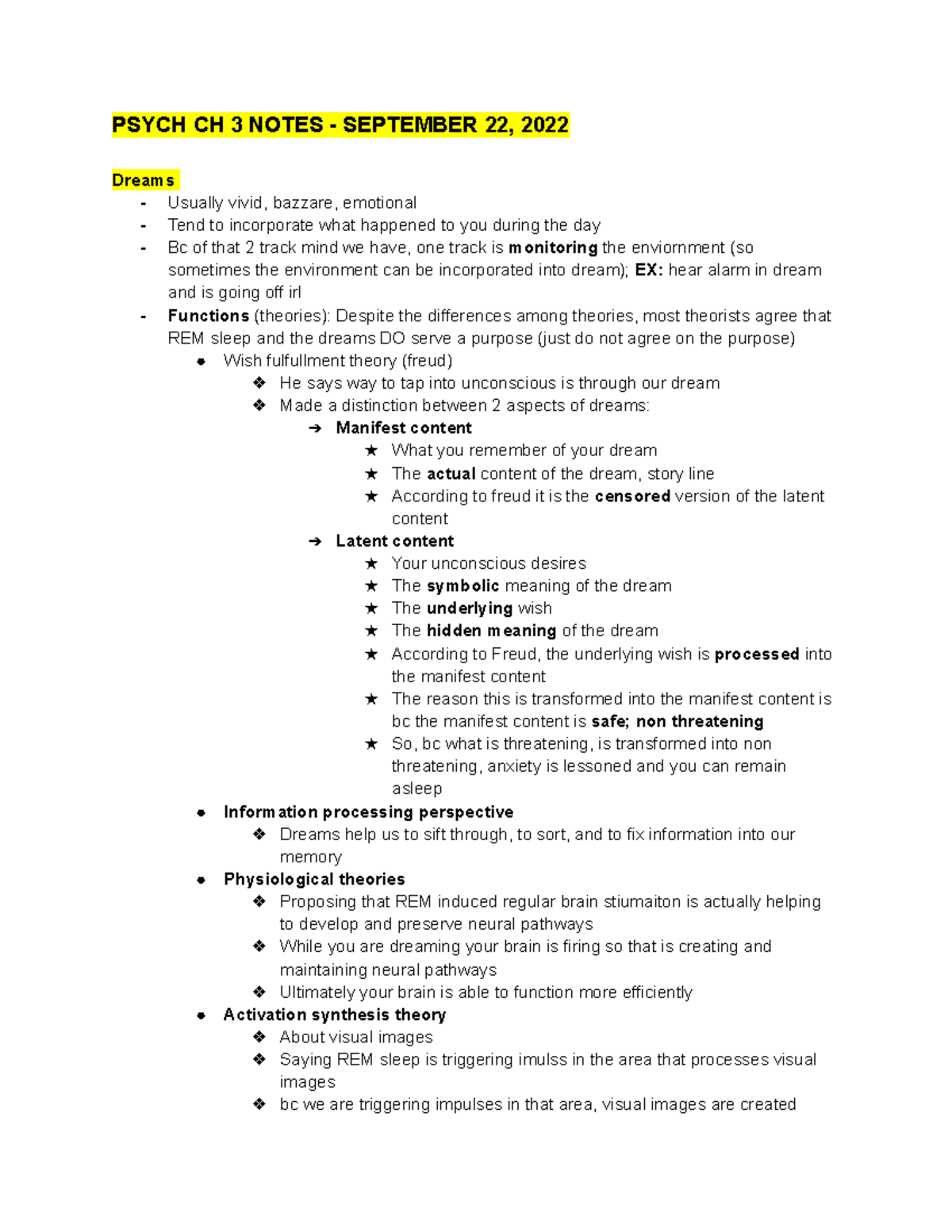 Psych CH 3 Notes - PSYCH CH 3 NOTES - SEPTEMBER 22, 2022 Dreams ...