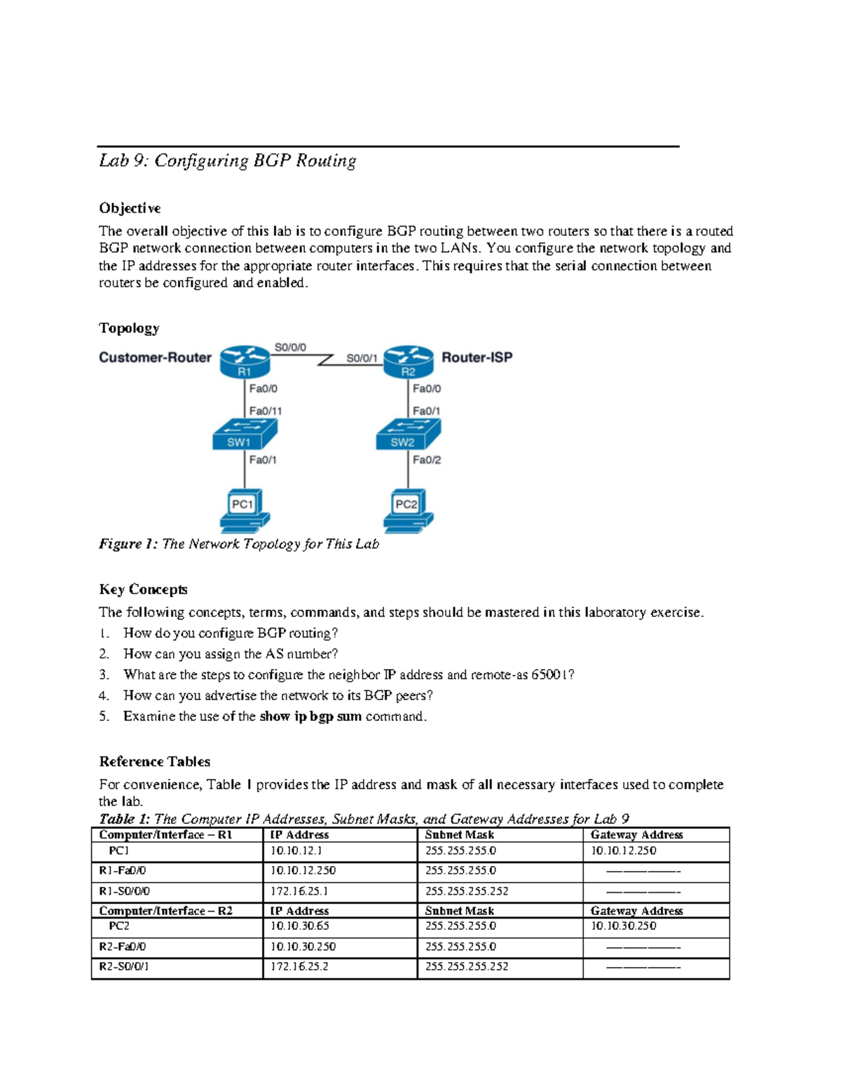 Lab 9 - Configuring BGP Routing - Lab 9: Configuring BGP Routing Objective The overall objective ...