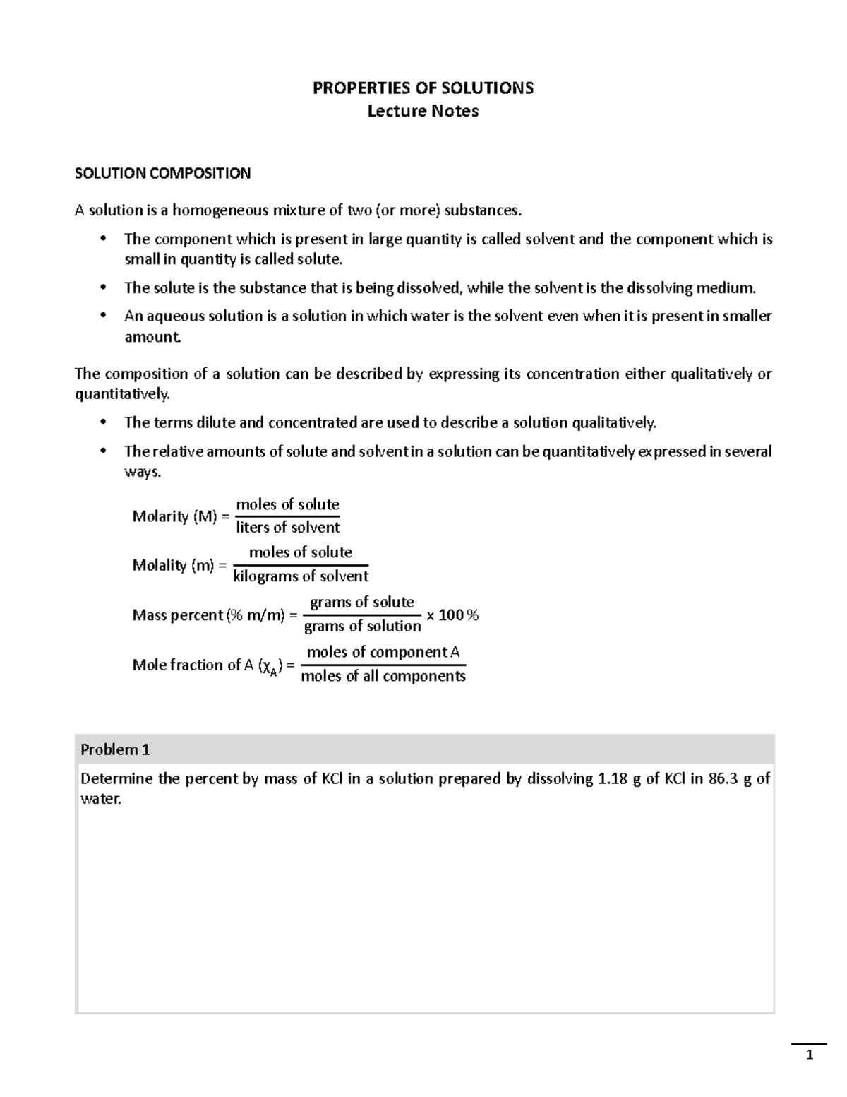 Properties of Solutions pgs 1-6 - PROPERTIES OF SOLUTIONS Lecture Notes ...