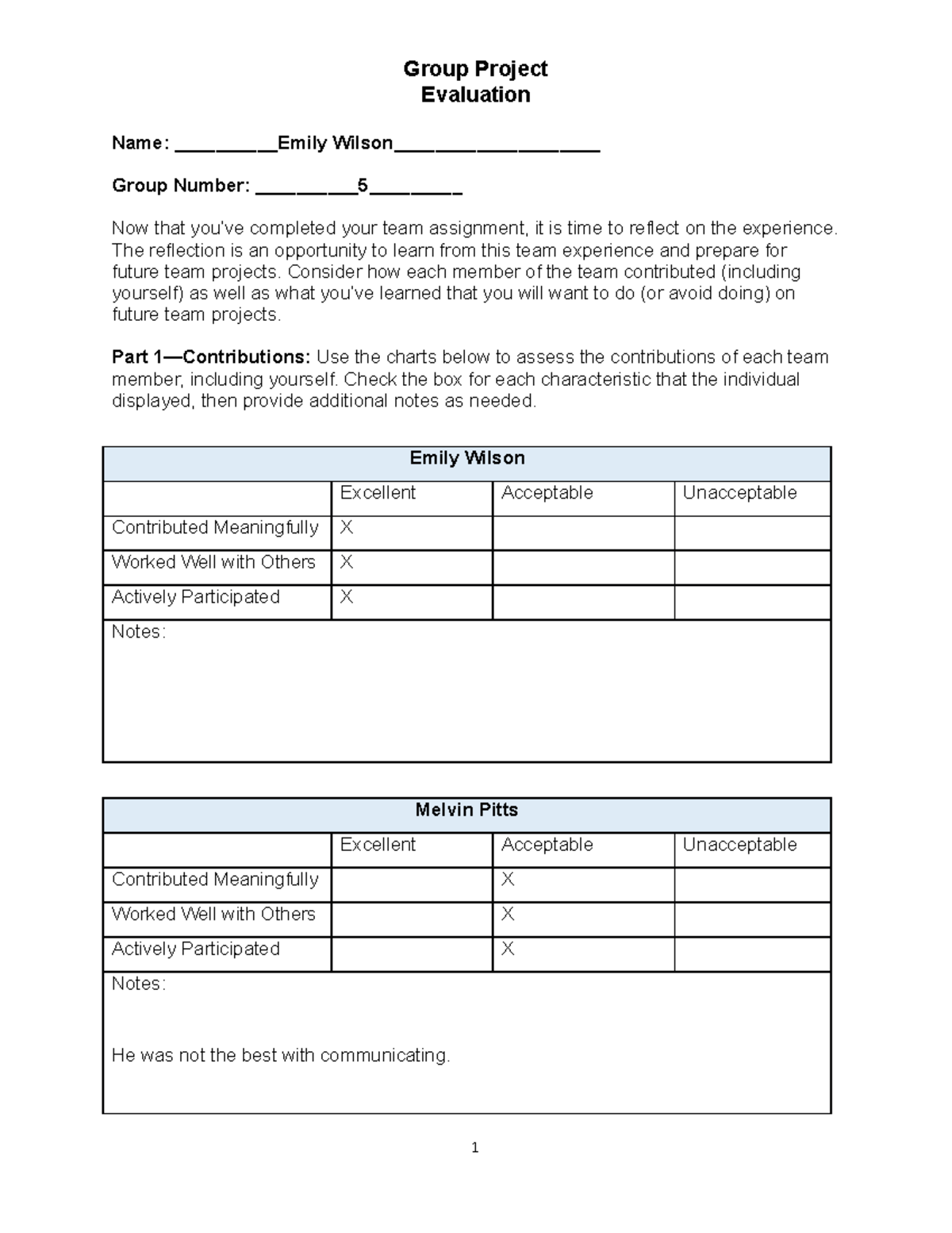 Group Emily Wilson Reflection - Group Project Evaluation Name: Emily ...