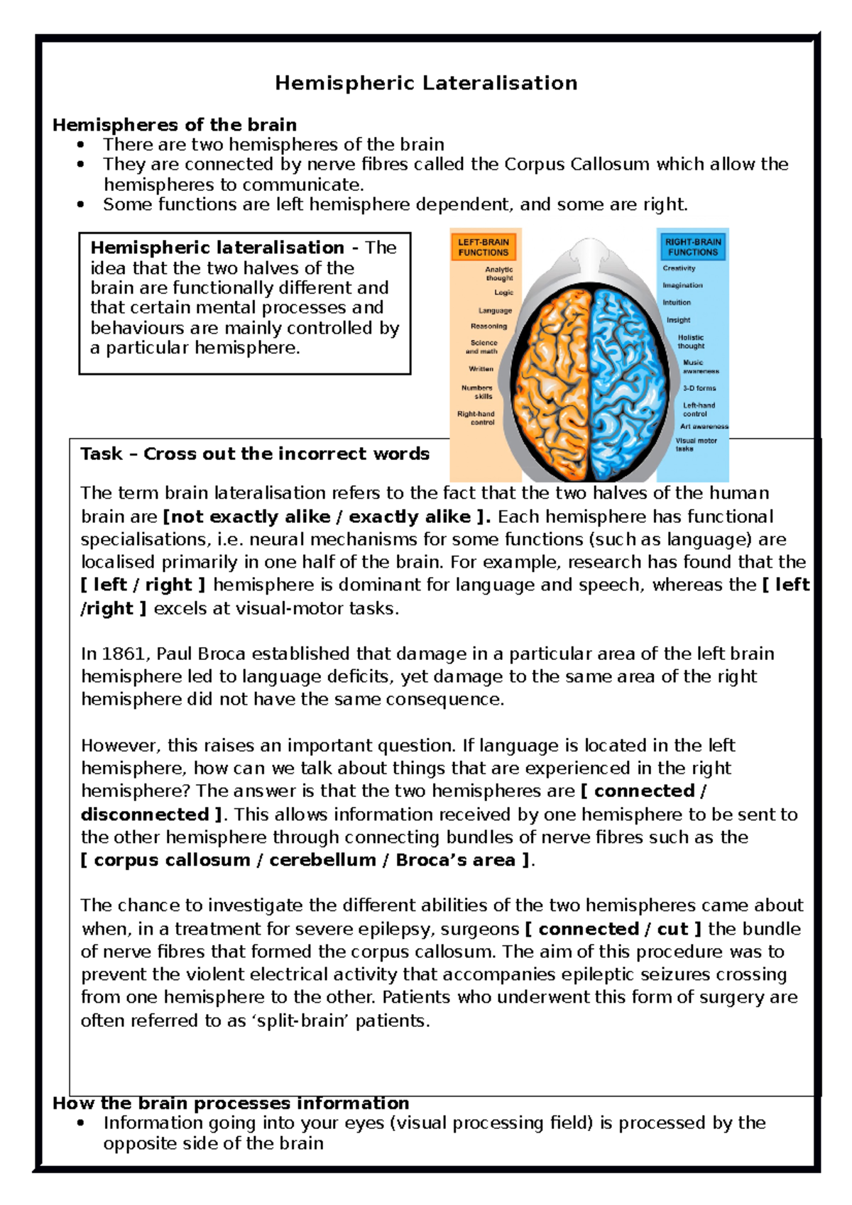SV - Hemispheric lateralisation and split brain - Hemispheric ...