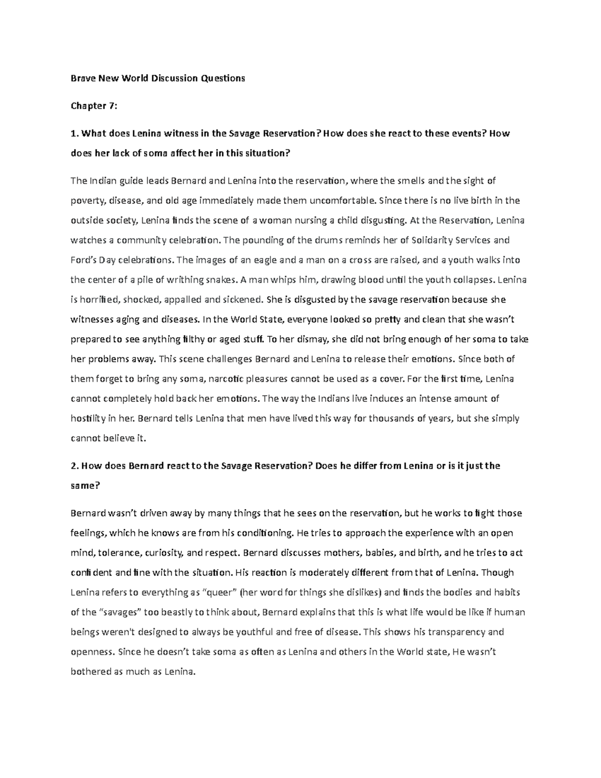 Brave New World- Ch. 7-9 - Brave New World Discussion Questions Chapter ...