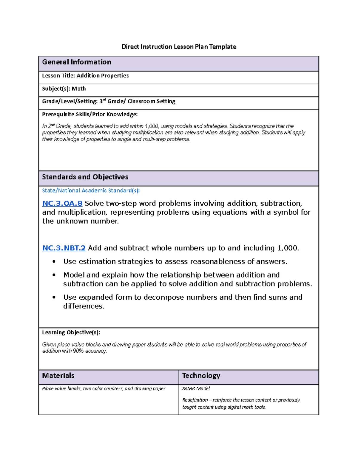 Task 2 - Lesson Planning - Direct Instruction Lesson Plan Template General Information Lesson ...