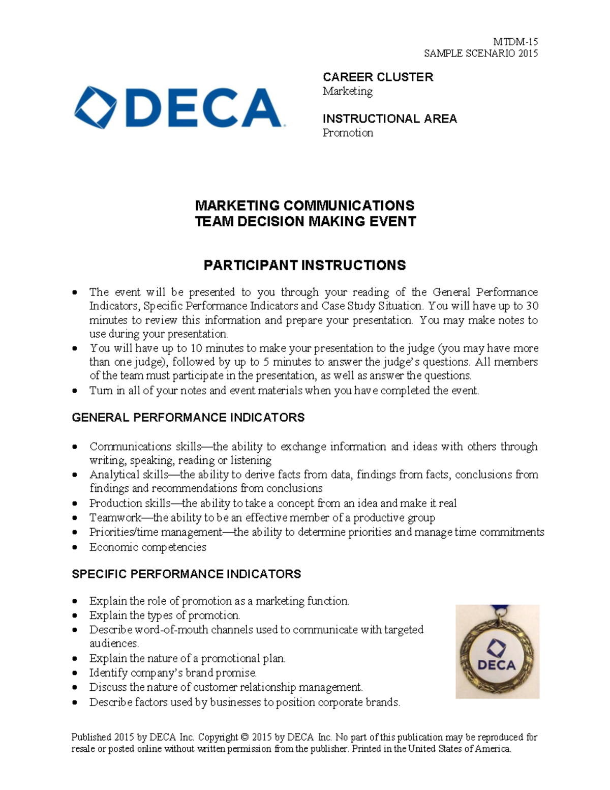 Marketing - SAMPLE SCENARIO 2015 Published 2015 by DECA Inc. Copyright ...