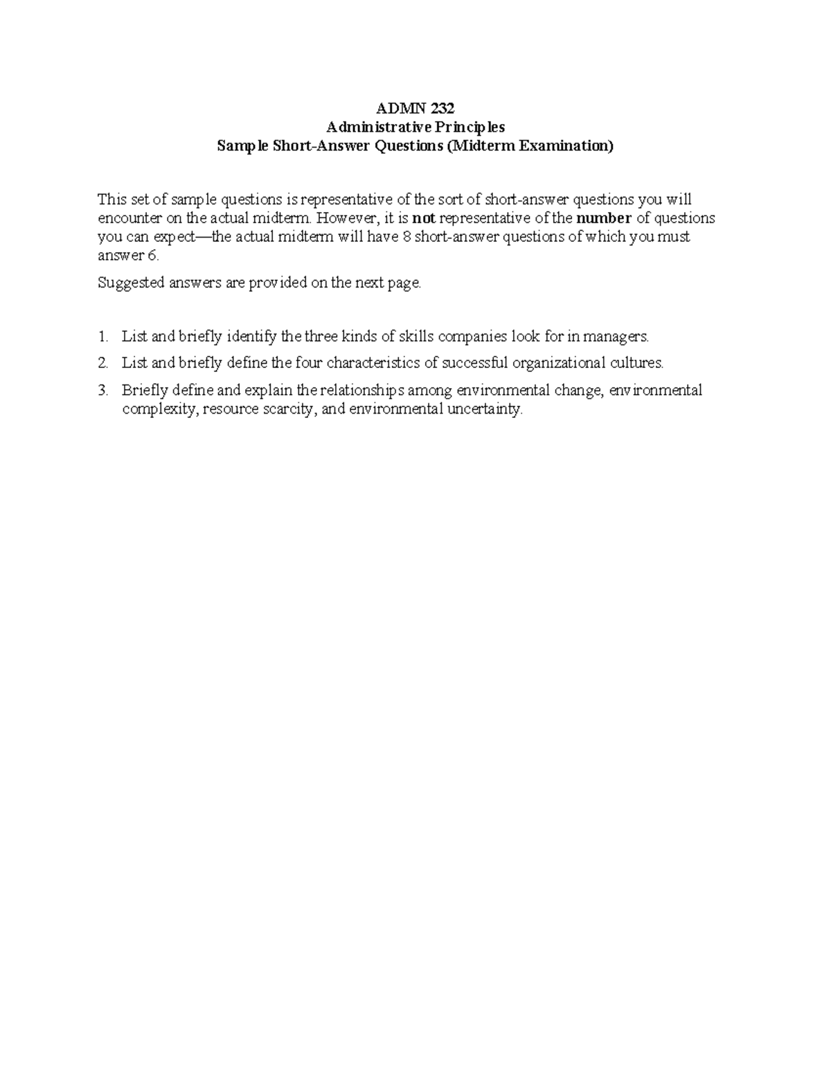 ADMN232v11 Sample Midterm Ques - ADMN 232 Administrative Principles Sample Short-Answer ...
