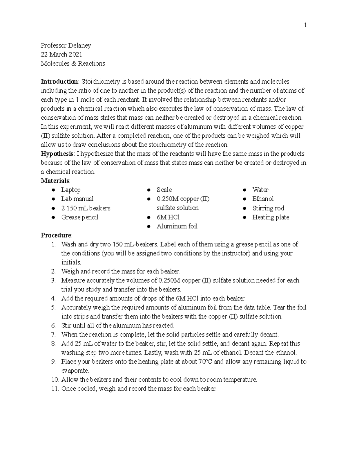 CHEM 106-06 LAB 8 - Lab report - Professor Delaney 22 March 2021 ...