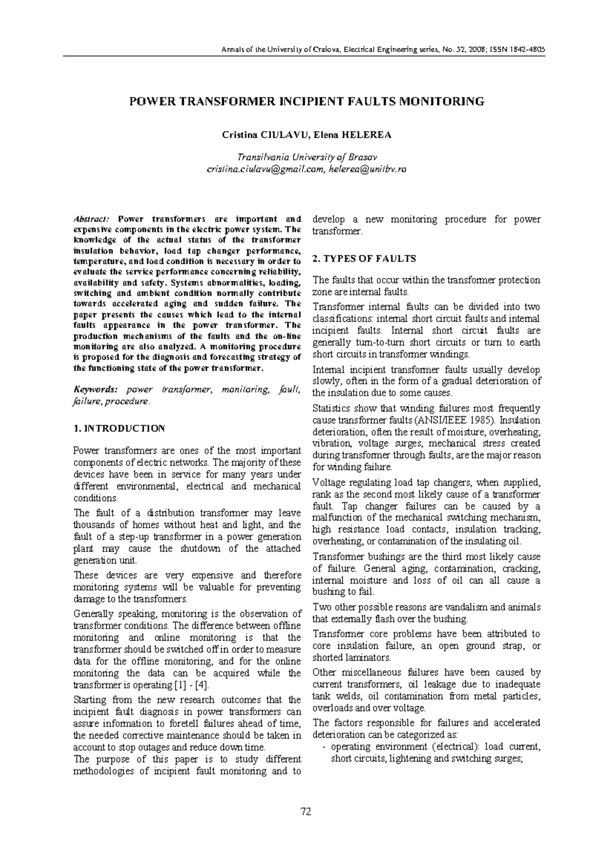 Power Transformer Incipient Faults Monitoring - POWER TRANSFORMER INCIPIENT FAULTS MONITORING ...