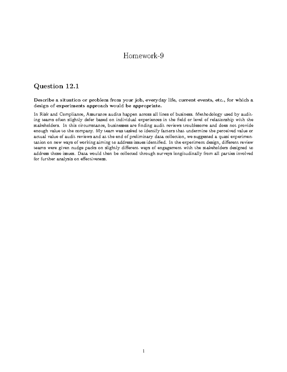 Homework-9 - n/a - Homework- Question 12. Describe a situation or problem from your job ...